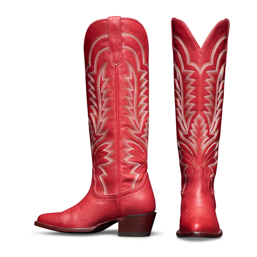 Red Pointed Toe Chunky Heel Embroidered Knee High Cowgirl Boots