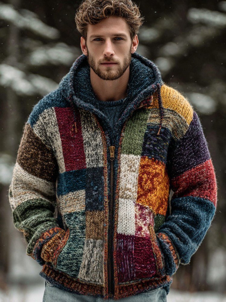 Men's Geometric Block Patchwork Color Knitted Zipper Hooded Sweater