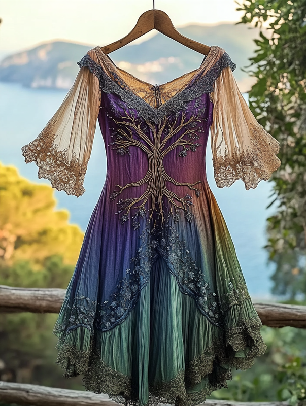 Summer Retro Tree of Life Elements Kettle Knot Beaded Dress bfd7
