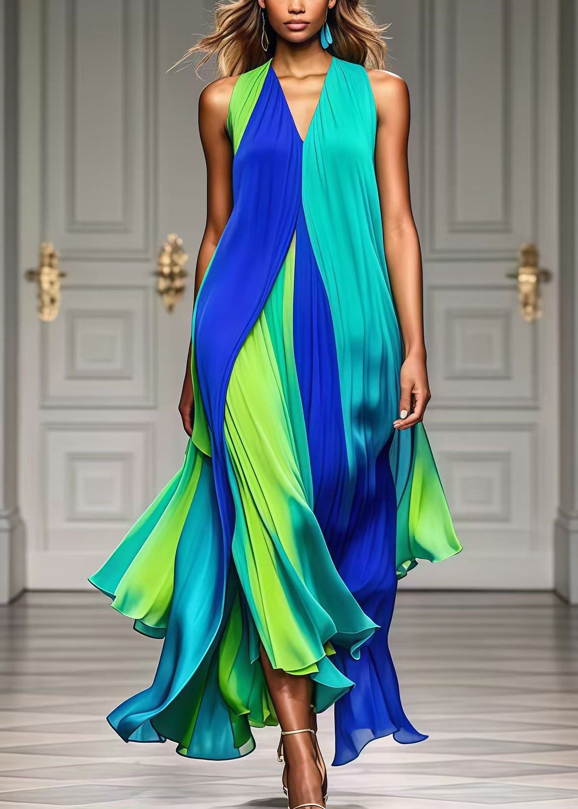 Modern Colorblock V Neck Patchwork Exra Large Hem Chiffon Beach Dress ...