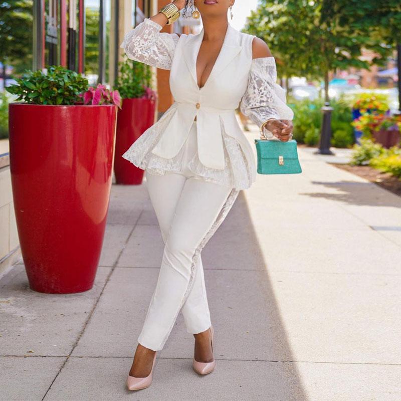 Solid One Shoulder Ruffle Design Lace Top & Pants Set