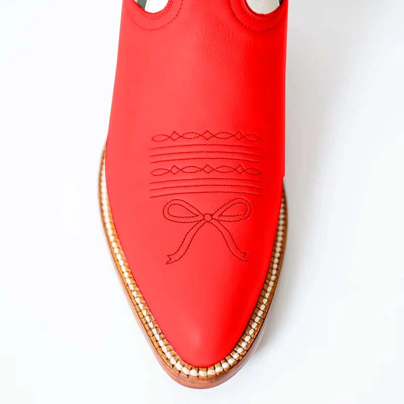 FSJ Red Chunky Heel Tulips Detail Knee High Cowboy Boots for Women