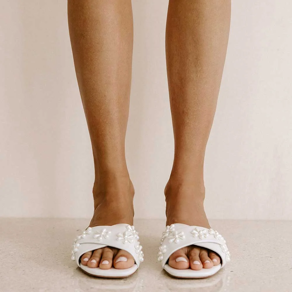 White Satin Opened Square Pearl Inlay Flat Slippers