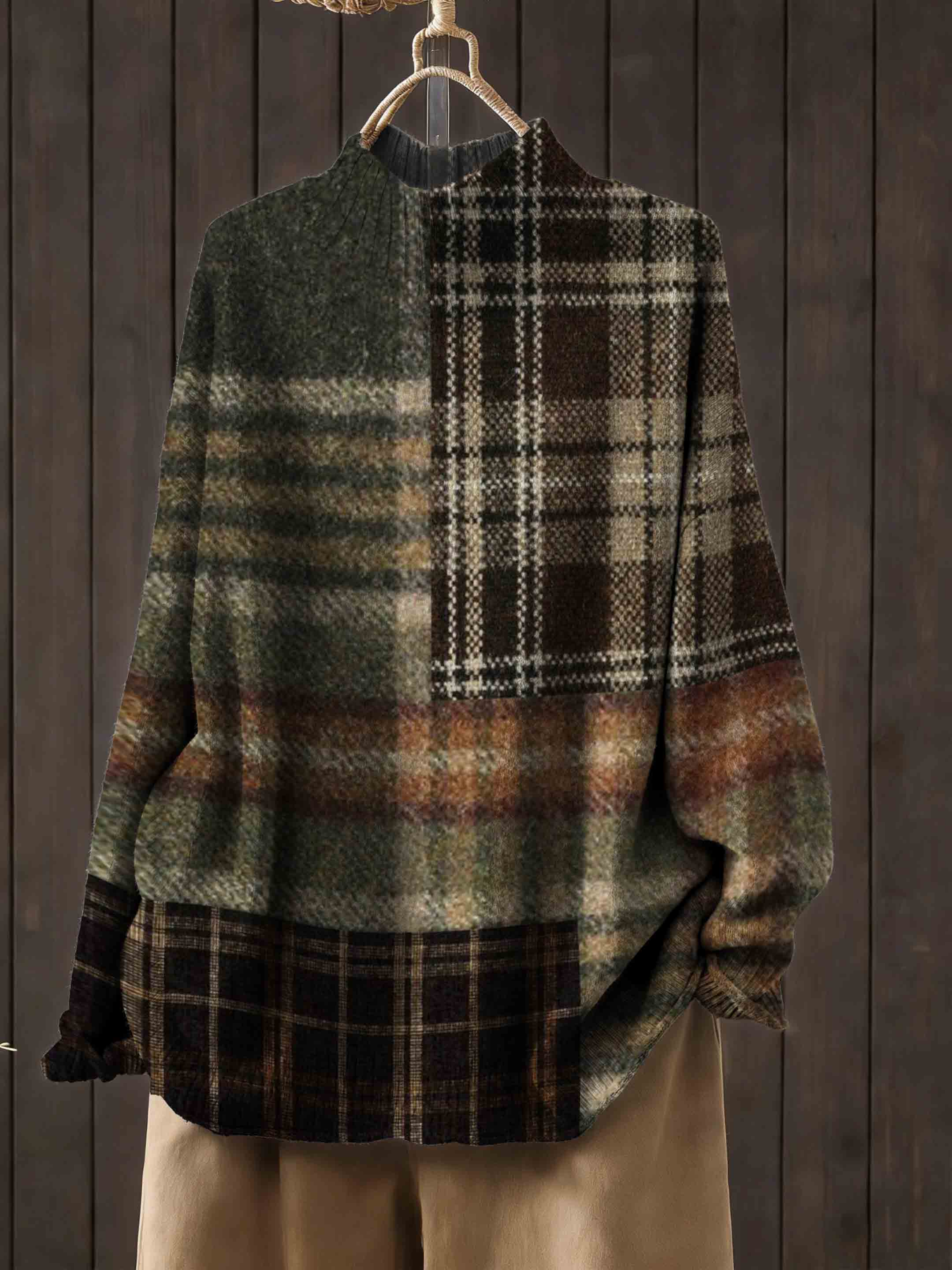 Retro Plaid Patchwork Art Print Knit Turtleneck Pullover Sweater