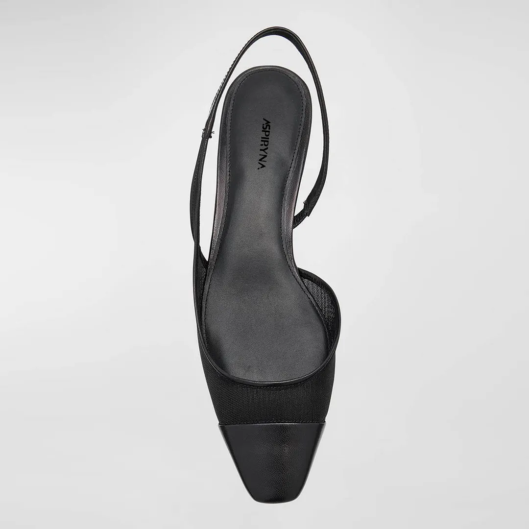 Black Mesh Patchwork Square Toe Block heel Pumps with Slingback