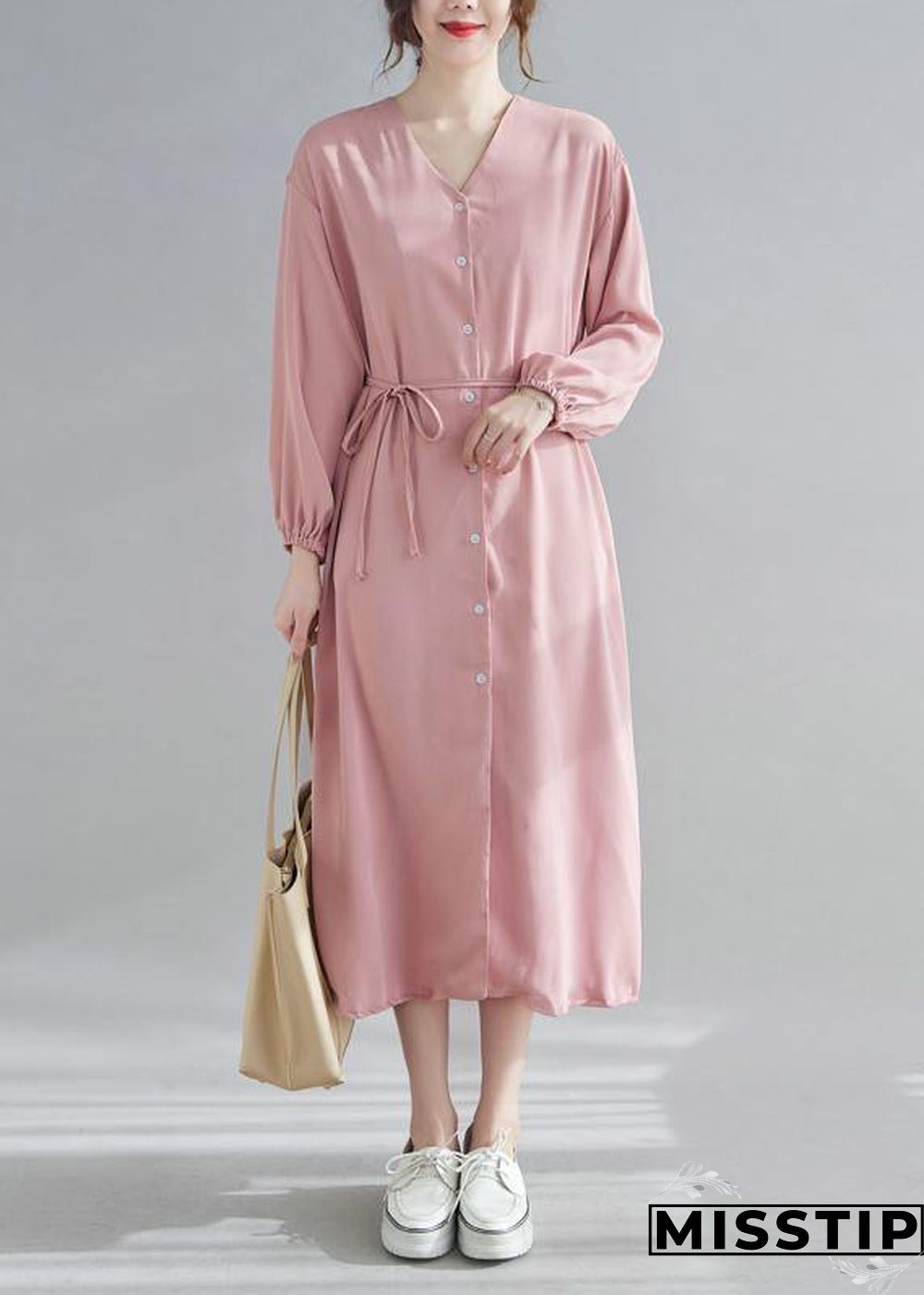 Simple V neck Drawstring Spring Tunics Pink Art Dress - MissTip