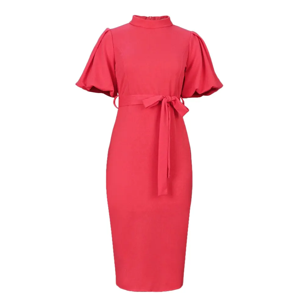 Woherb Bodycon Lantern Short Sleeves with Sashes Women Modest Ladies ...