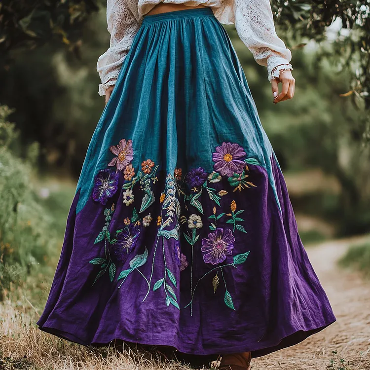 Vintage Floral Embroidered Art Linen Blend Skirt