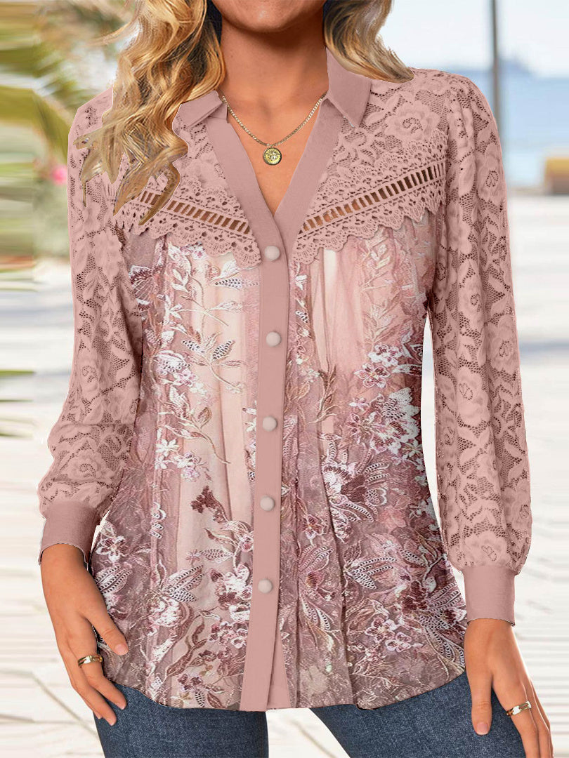 Women's Long Sleeve V-neck Floral Printed Lace Stitching Tops