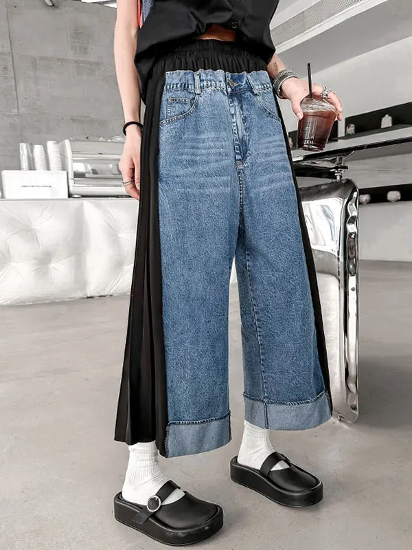 Stylish Contrast Color Pleated Split-Joint Wide Leg Jeans