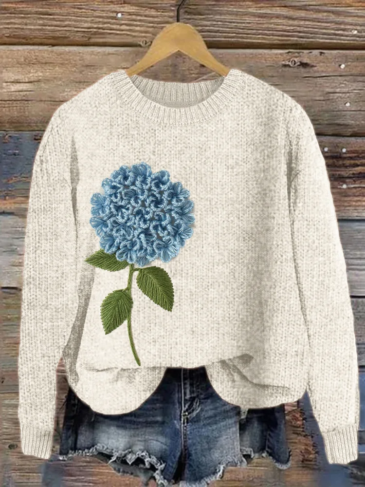 Hydrangea Floral Embroidery Pattern Cozy Knit Sweater