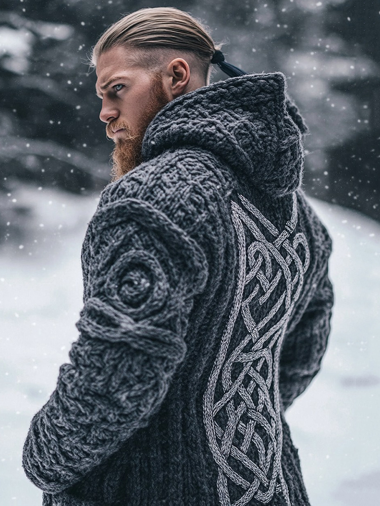Men's Viking Tribal Celtic Inspired Knit Hooded Cardigan