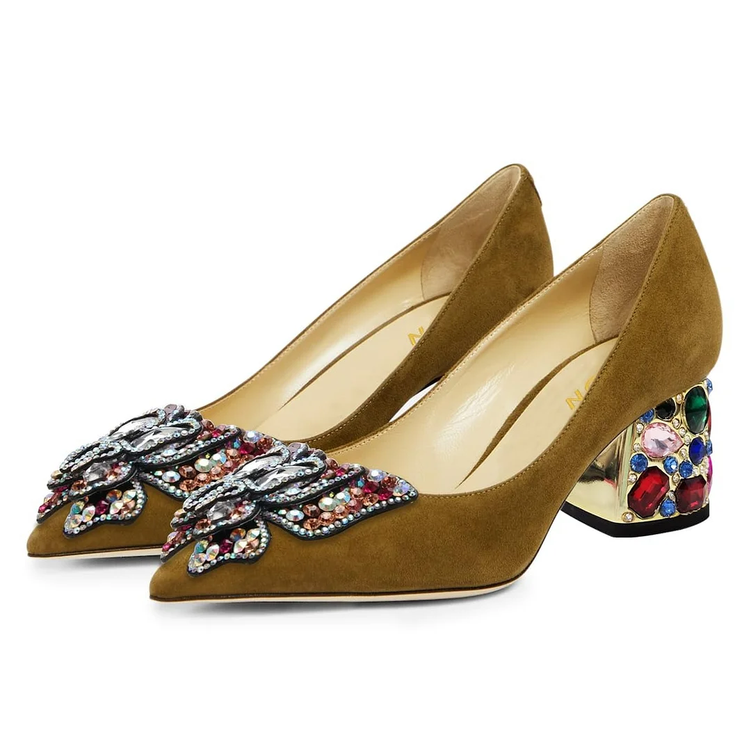 Drak Gold Pointed Toe Slip On Pumps Heels with Rhinestone Butterfly