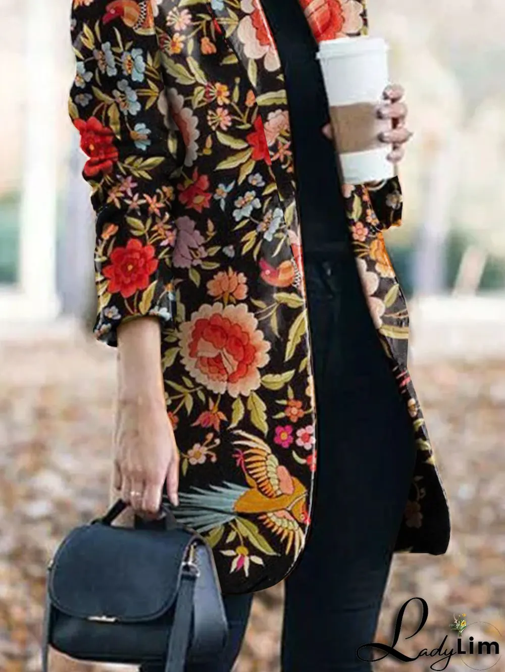 UR Notch Collar Floral Curved Hem Overcoat - Ladylim