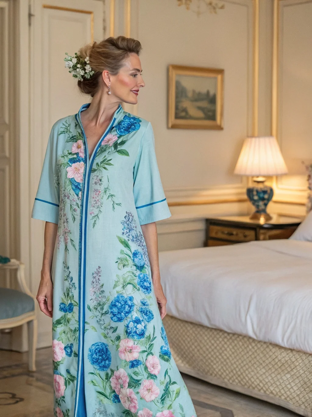 Blue Flower Pinted Zippered Cotton Robe