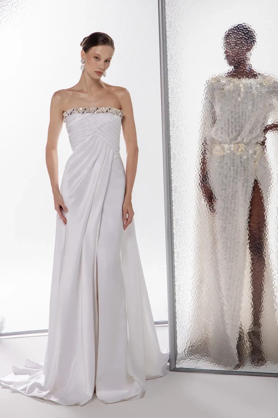 Miabel White Sleeveless Square A Line Pleated Prom Dress With Slit