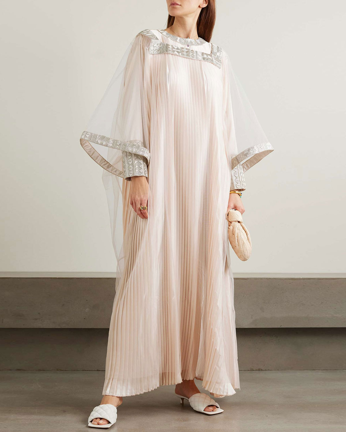 Layered Embroidered Metallic Pleated Silk-Satin and Organza Gown