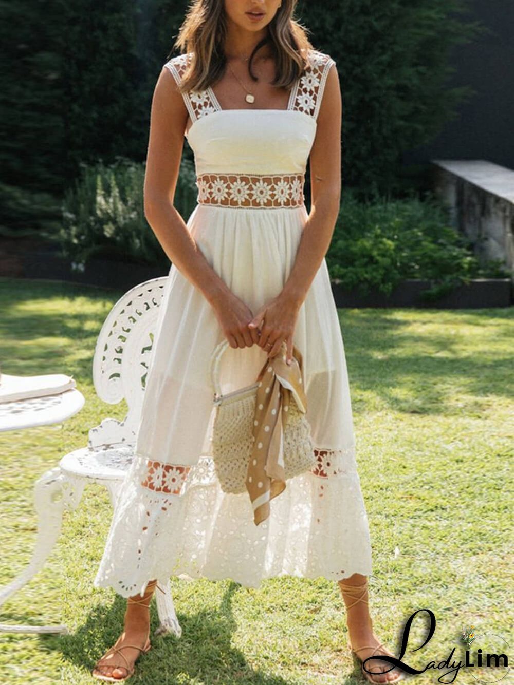 Long Lace Paneled Midi Dress With Full Hem - Ladylim