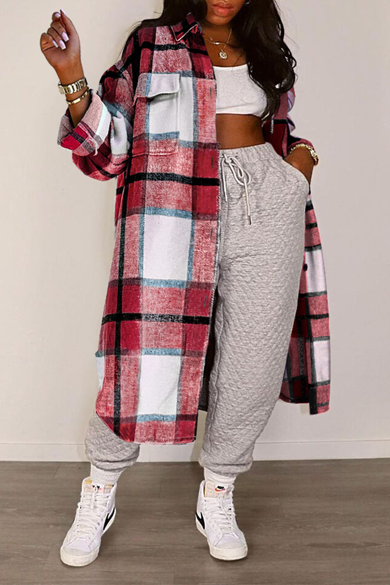 Casual Plaid Split Joint Turndown Collar Outerwear
