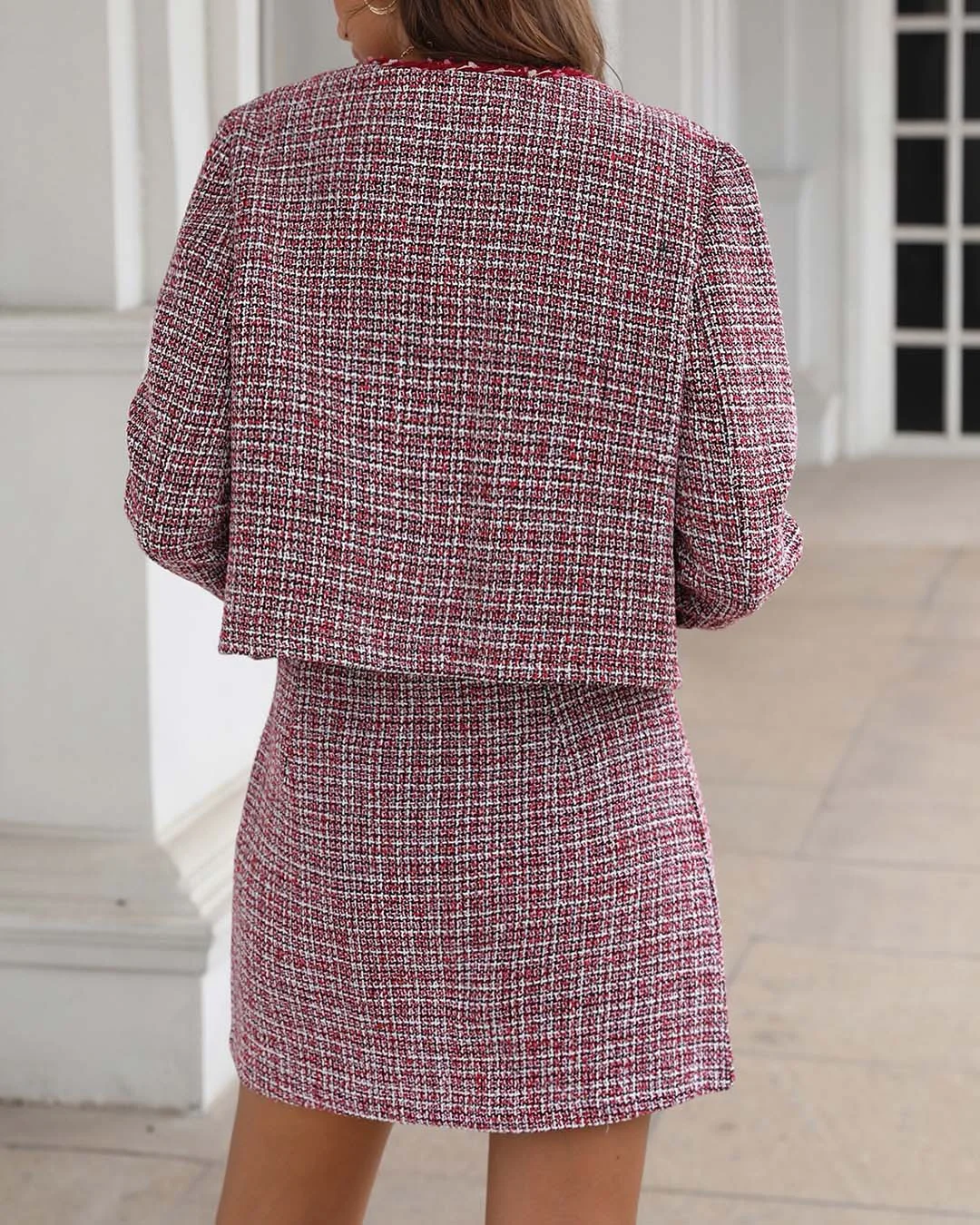 French Plaid Frayed Tweed Jacket Skirt Set
