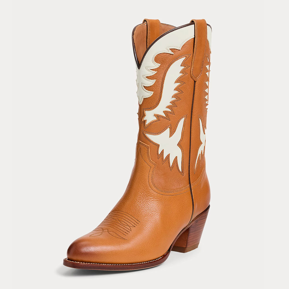 Tan and White Closed-Toe Stitching Western Boots for Women