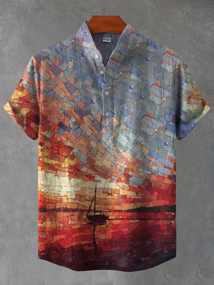 Mosaic Art Linen Blend Henley Shirt