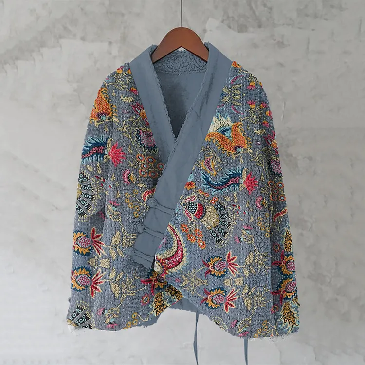 Japanese Embroidery Flower Art Cozy Fleece Kimono Cardigan