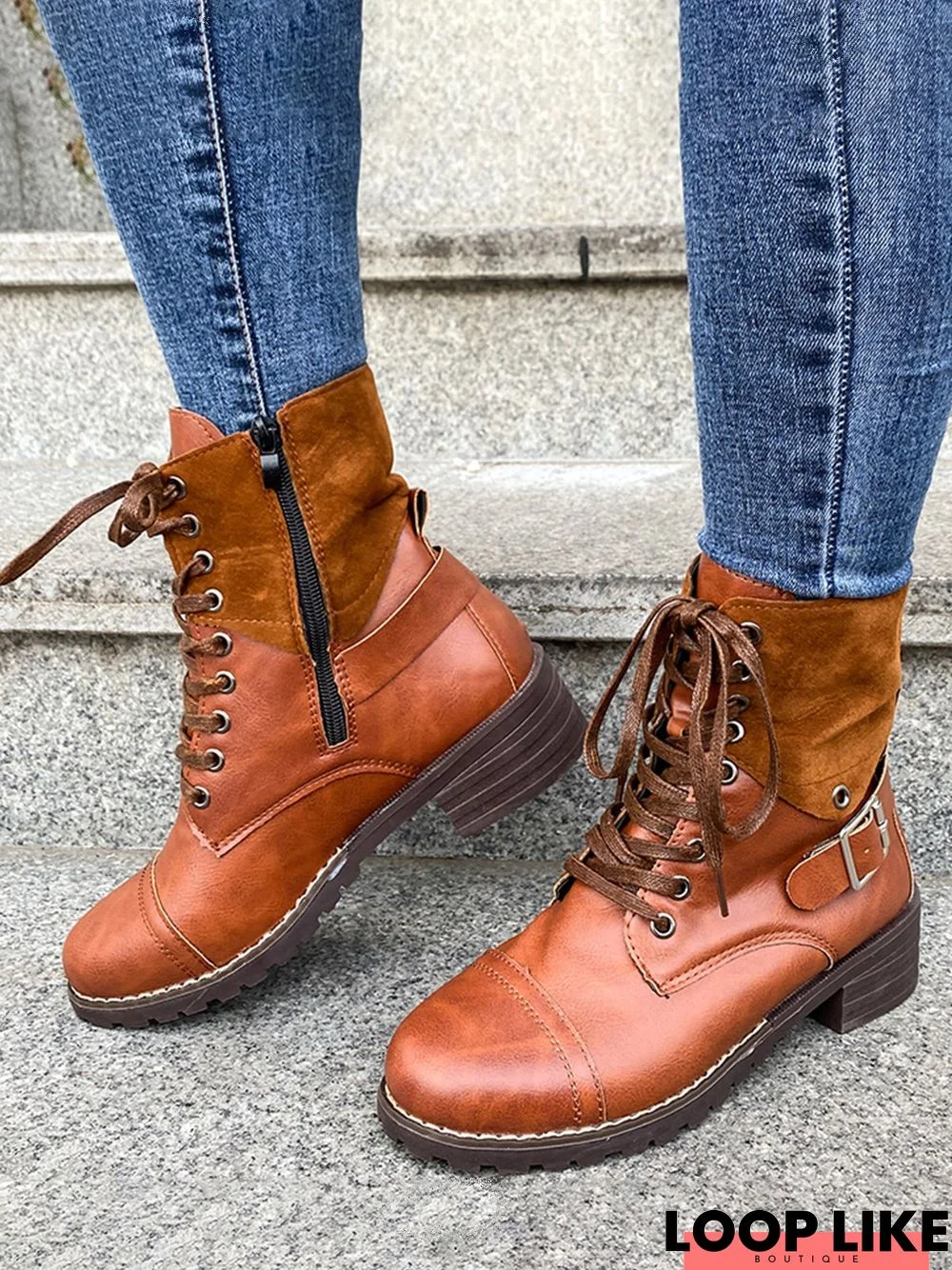 Retro Stitching Lace-up Zipper Boots