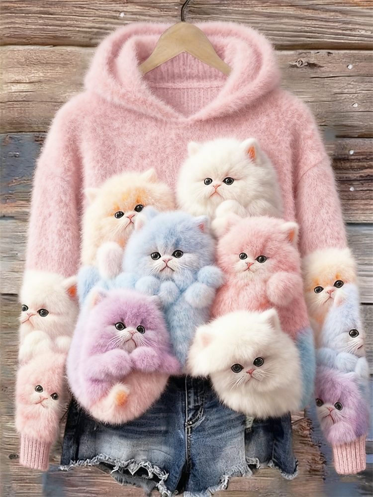 Lovely Colorful Fluffy Cats Cozy Fuzzy Hooded Sweater