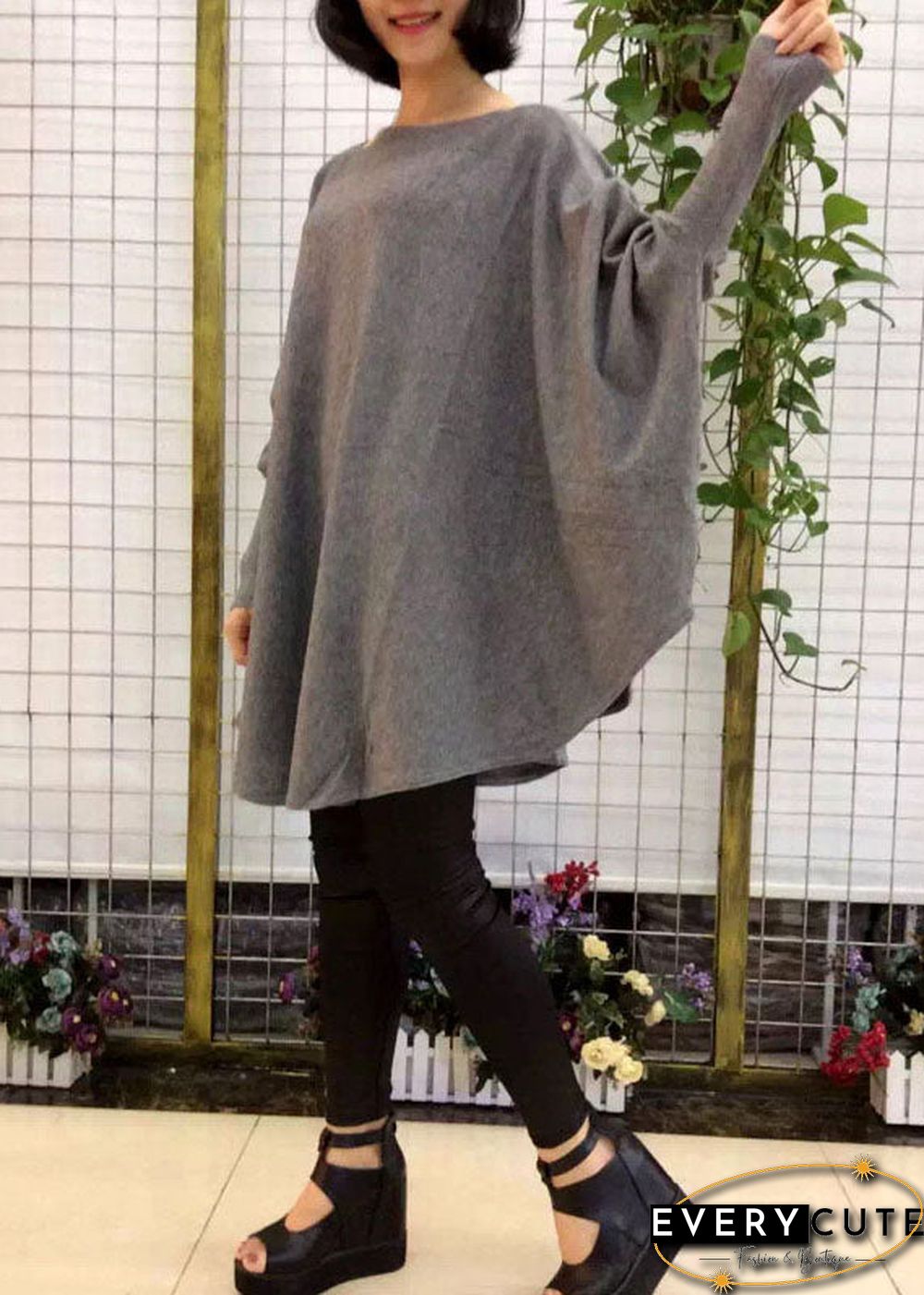 Chic Grey Bat wing Sleeve Casual Fall Wool Sweater