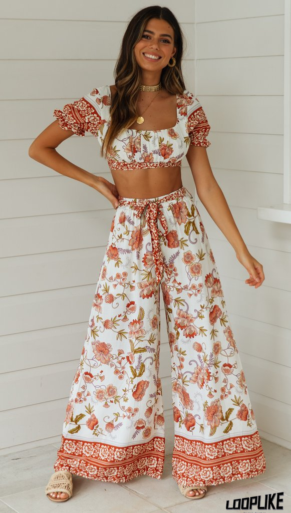 White Floral Crop Top and Pants Matching Sets - LoopLike