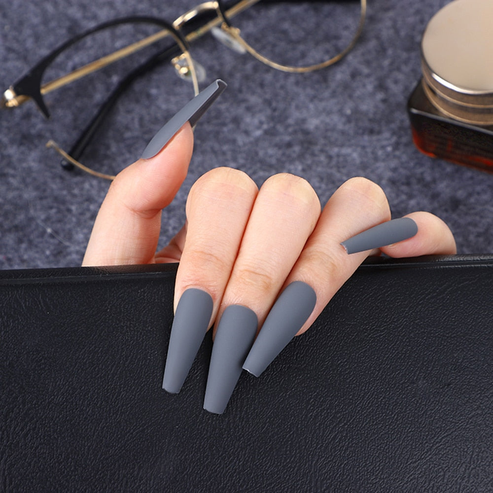 24pcs Professional Fake Nails Long Ballerina Half French Acrylic Nail ...