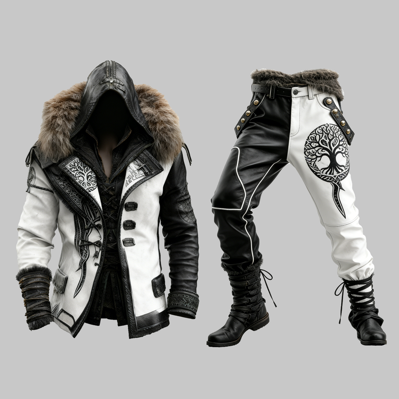 Winter Men's Fashionable Warm Leather Jacket + Leather Pants Set 5923