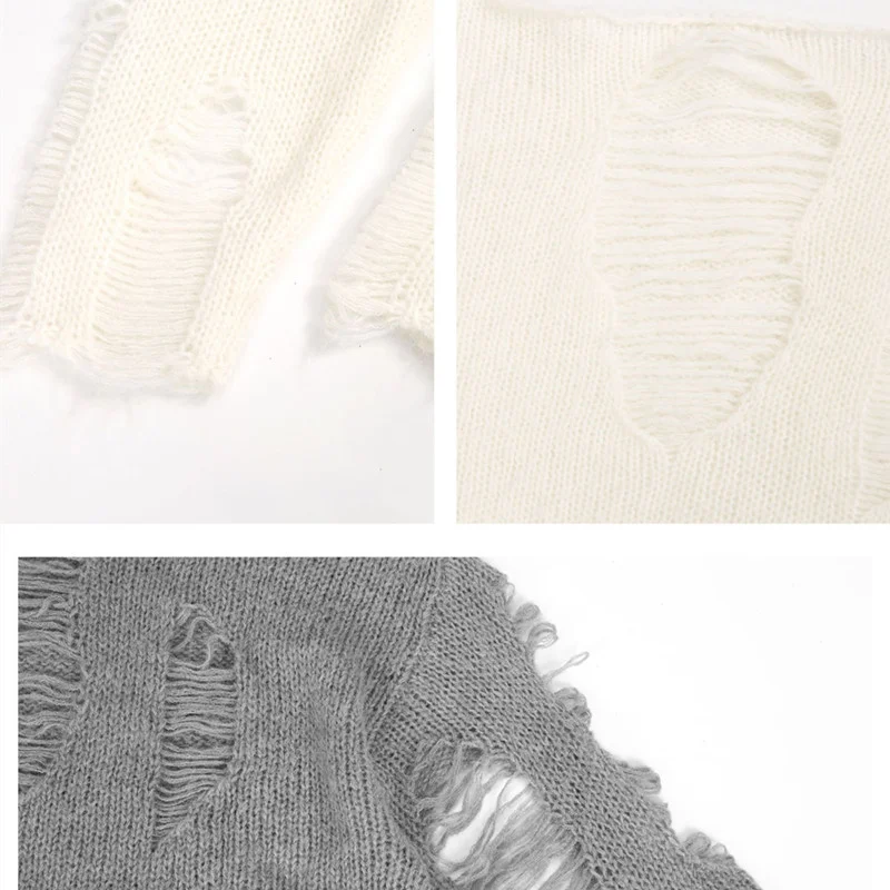 OBLIQUE SHOULDER RIPPED HOLLOW LONG SLEEVE KNIT TOP