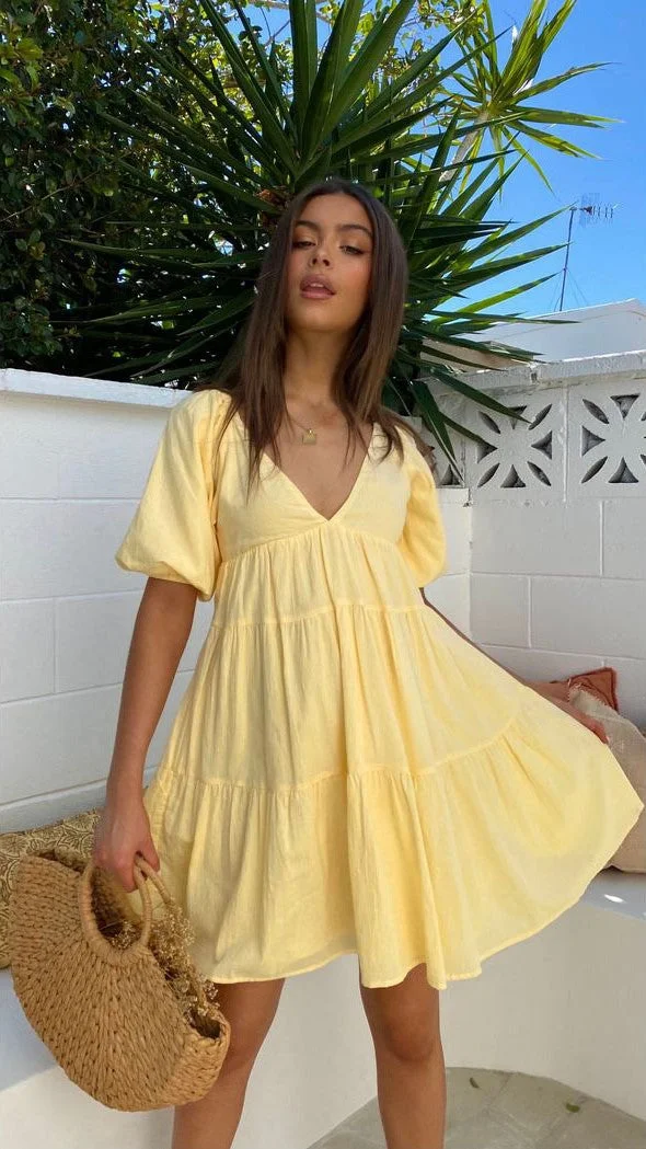 Yellow Solid V Neck Mini Dress