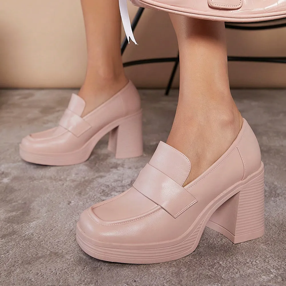 Beige Vegan Leather Closed Square Toe Platform Loafers With Chunky Heels