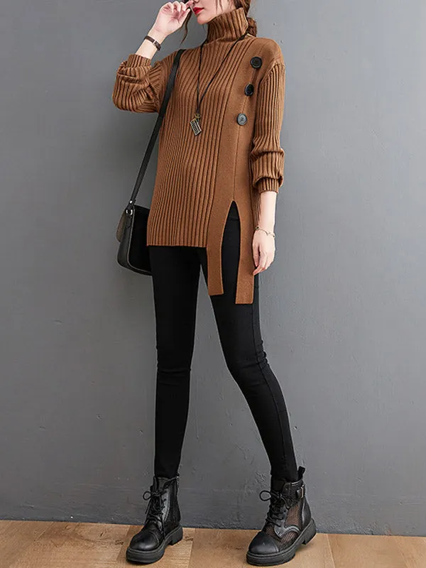 Urban Buttoned Split-Side Asymmetric Split-Joint High-Neck Sweater