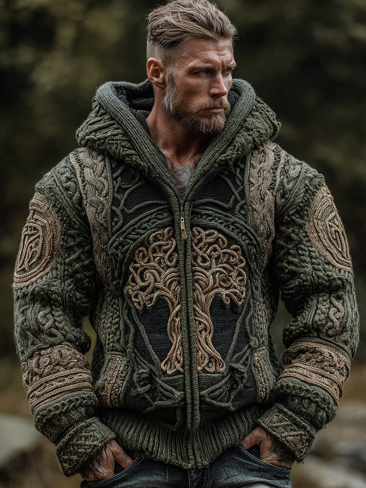 Men's Vintage Viking Life Of Tree Jacquard Knit Zipper Aran Sweater ...