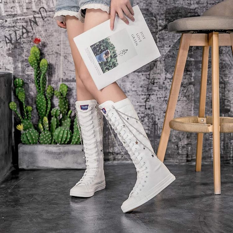 Star Chain Decor Lace Up Zipper Canvas Boots