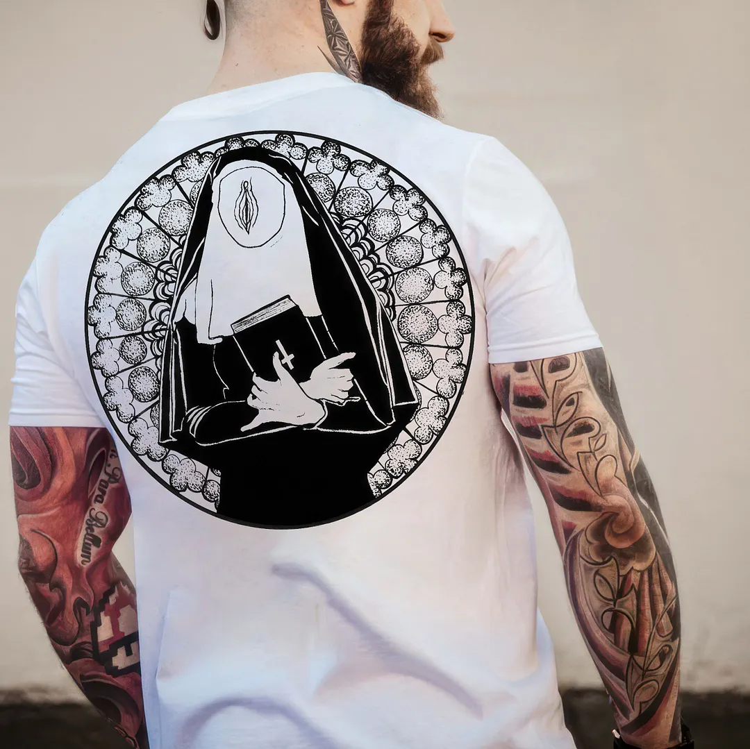 Unholy Nun with Holy Book Religion Print T-Shirt