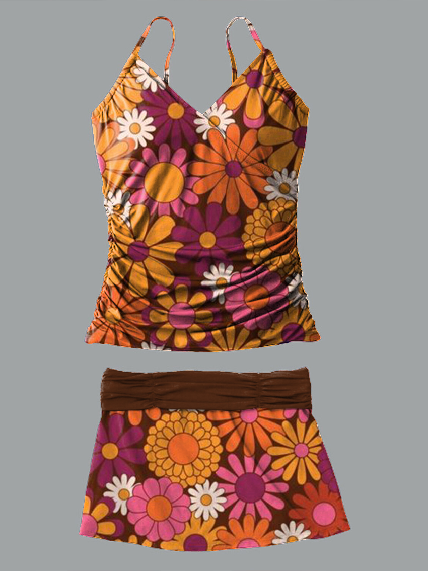 V-Neck Brown Flower Hippie Print Suspender Skirt Tankini Pantskirt Set ...