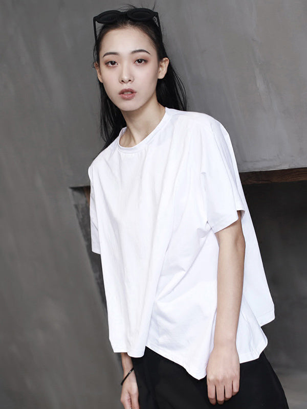 Casual White Crew-neck Cropped Wrinkle T-shirt