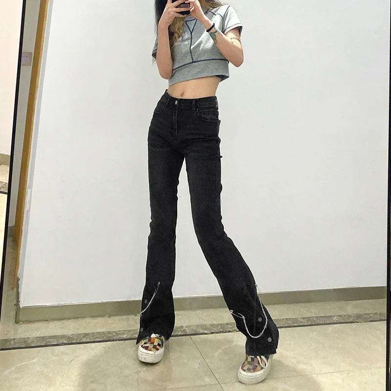 CHAIN BUTTON SPLIT MICRO FLARED JEANS