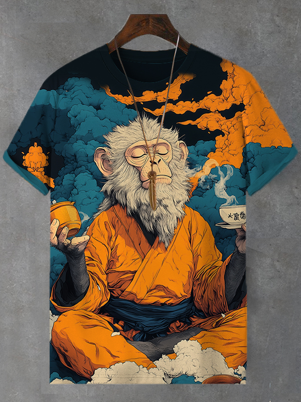 Men's Meditation Monkey Tasting Tea Art Print T-Shirt