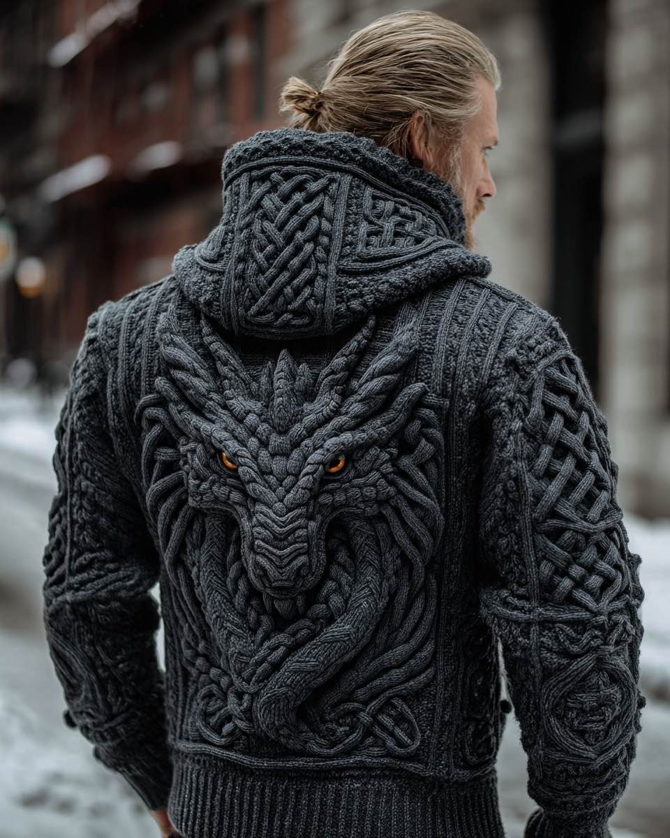 Men's Vintage Viking Dragon Style Celtic Knot Art Chunky Knit Hooded ...