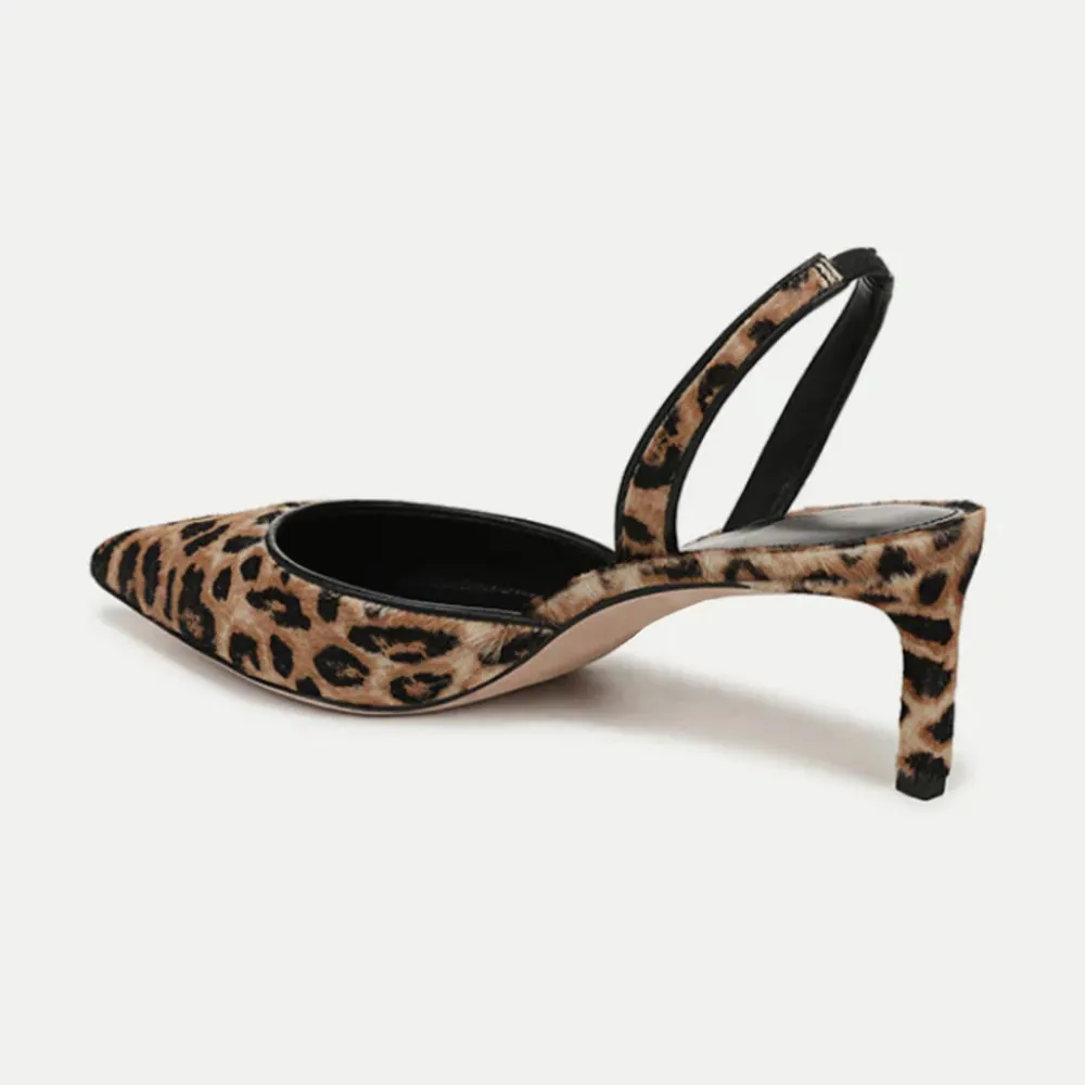 Leopard Print Slingback Pointed Toe Kitten Heel Pumps for Women
