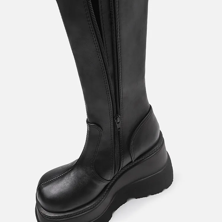 Motor Girl Statement Solid Color Side Zipper Round Toe Platform Boots