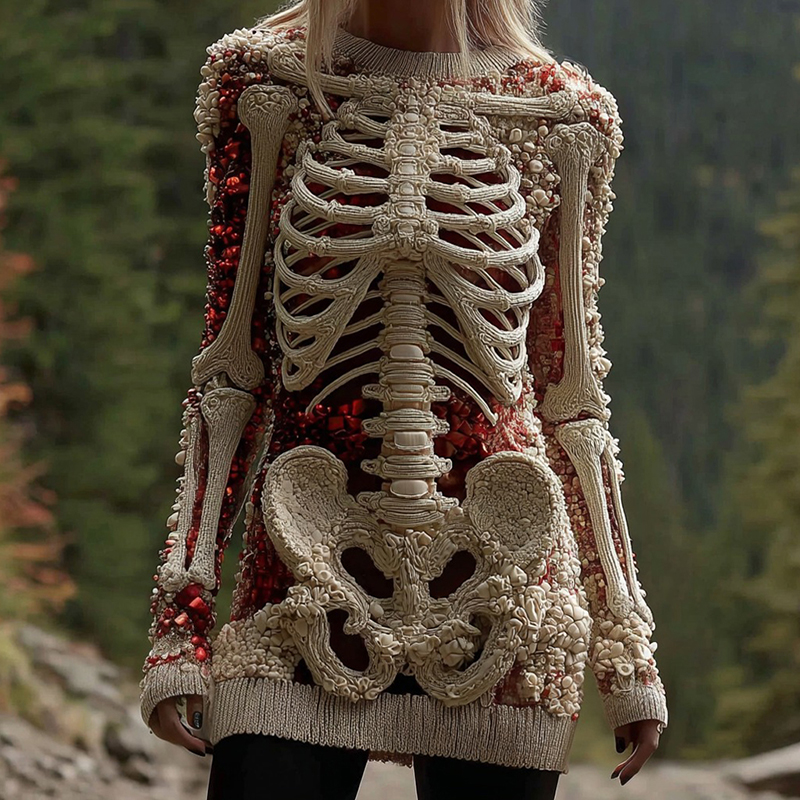Women's Halloween Skeleton And Gem Art Gothic Knit Mini Sweater Dress