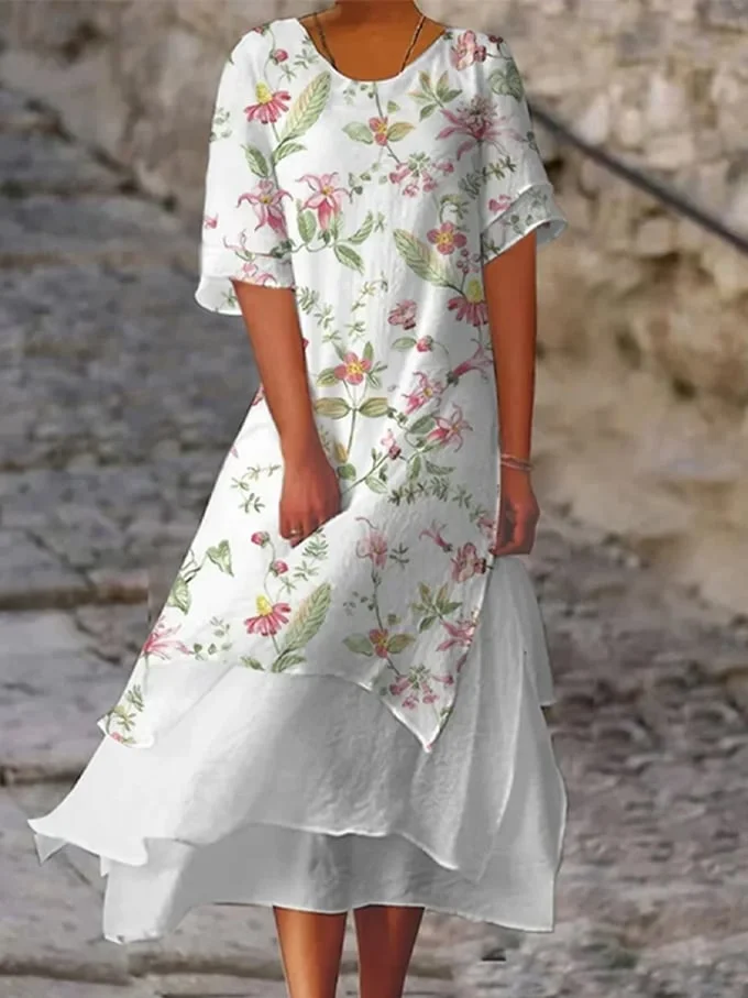 Women's Floral Round Neck Cotton And Linen Multi-layered Dress