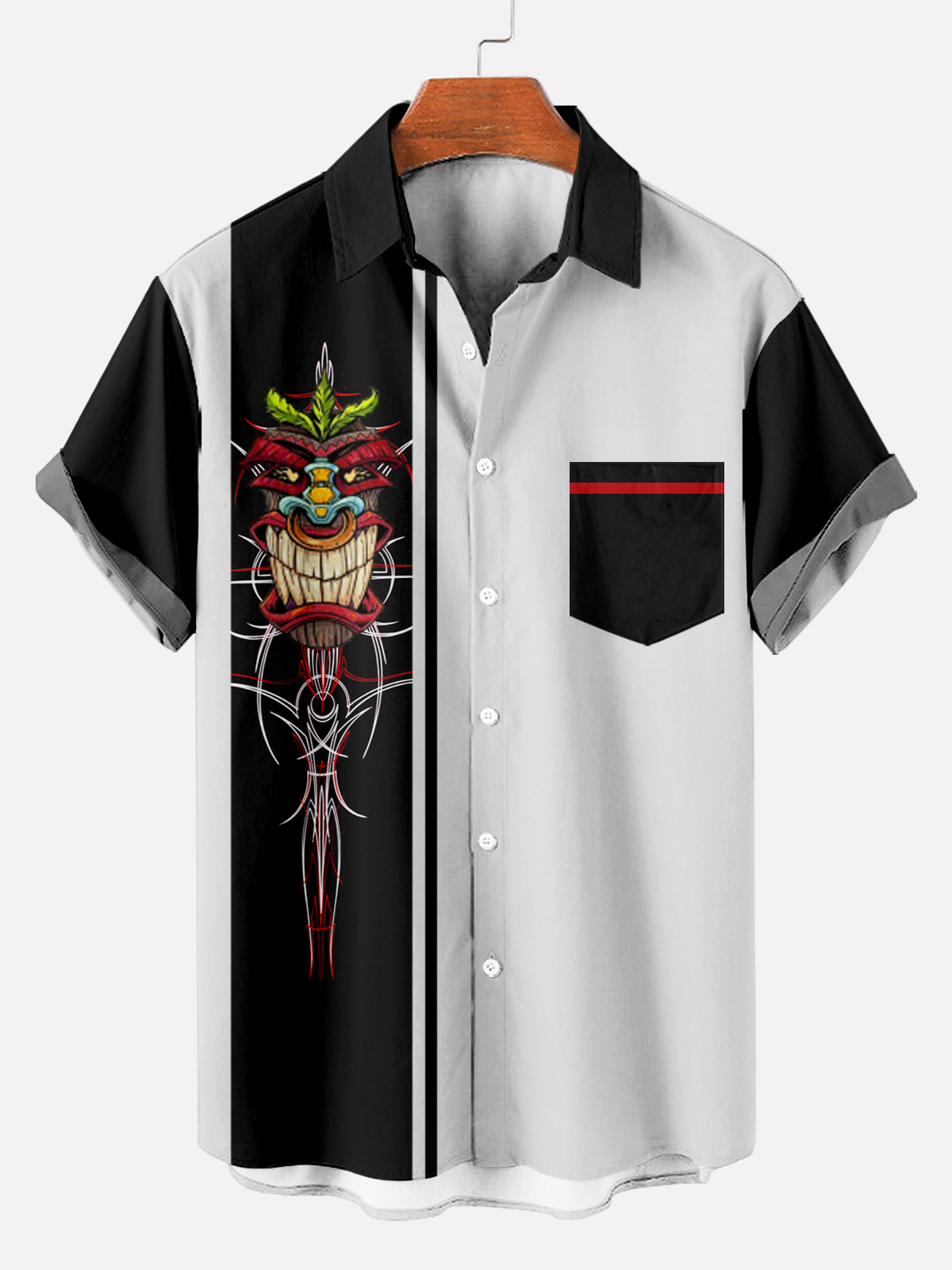 Retro Mid-Century Car Pinstripe Tiki Pattern Contrast Short Sleeve Shirt